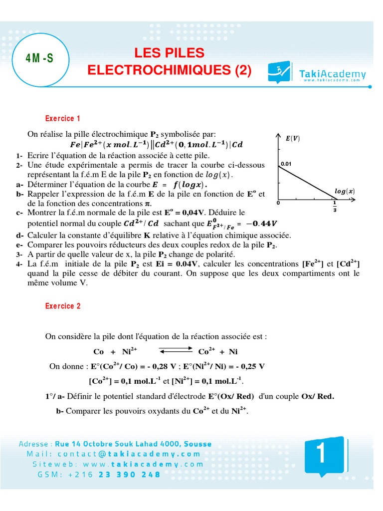 Piles Électrochimiques : Réactions et Calculs | PDF | Pile (Électricité ...