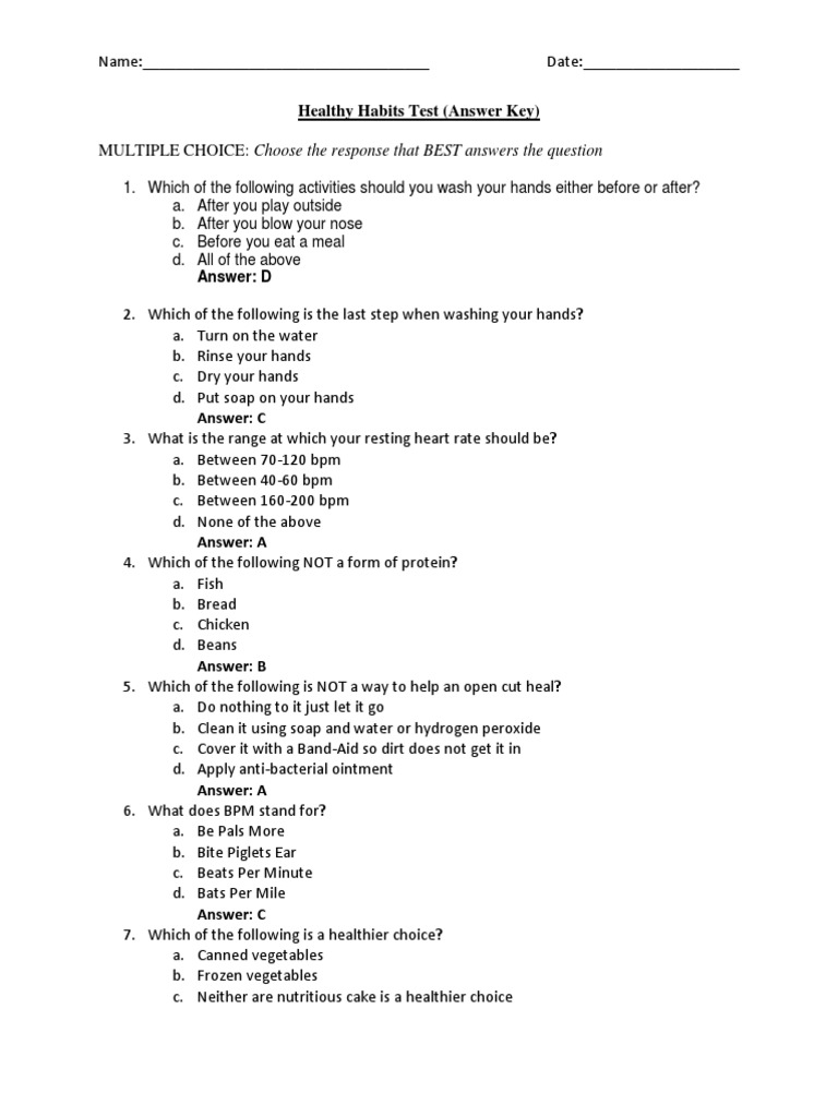 Healthy Habits Test (Answer Key) | PDF | Heart Rate | Vegetables