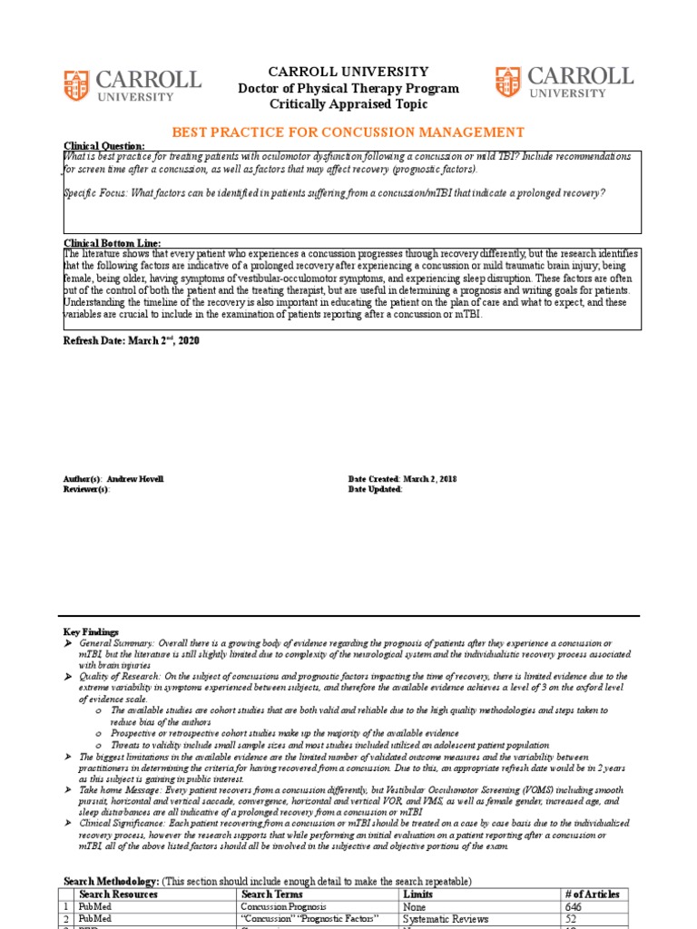 Best Practice For Concussion Management: Carroll University Doctor of ...