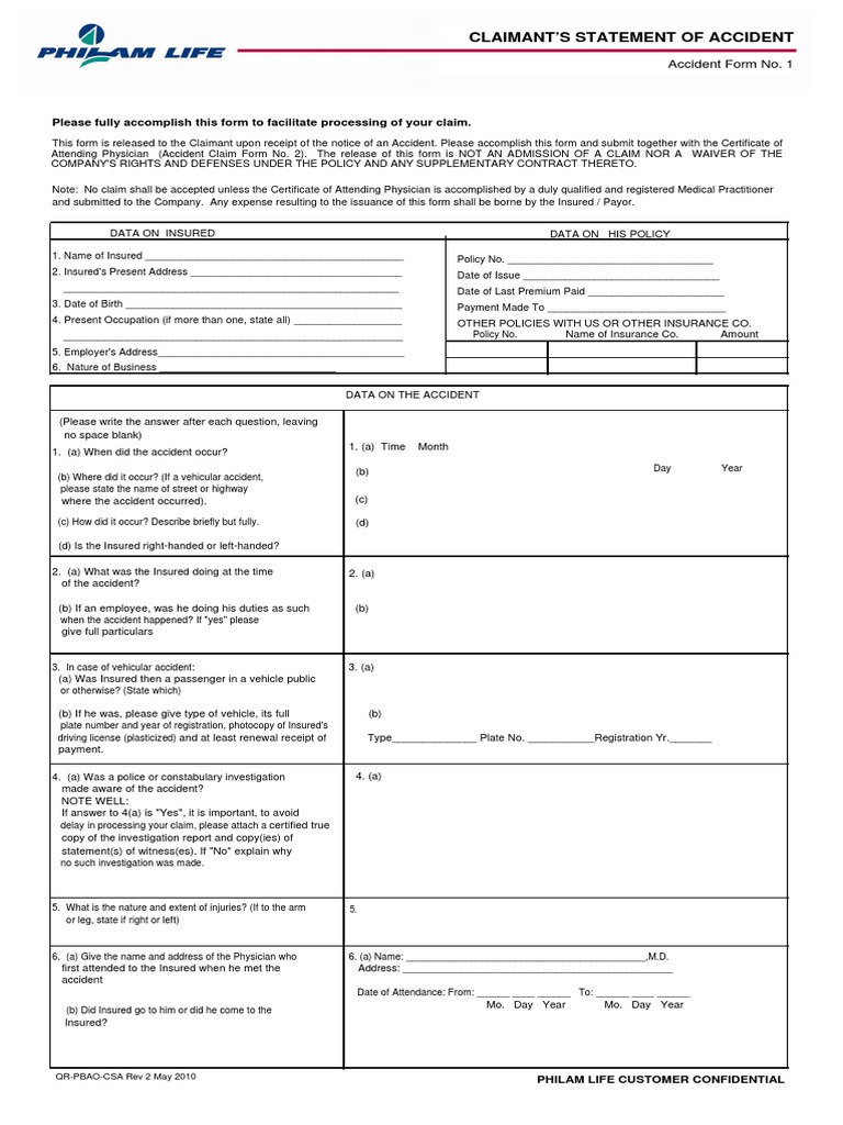 Accident Form 1 - Claimant's Statement of Accident PDF | PDF ...