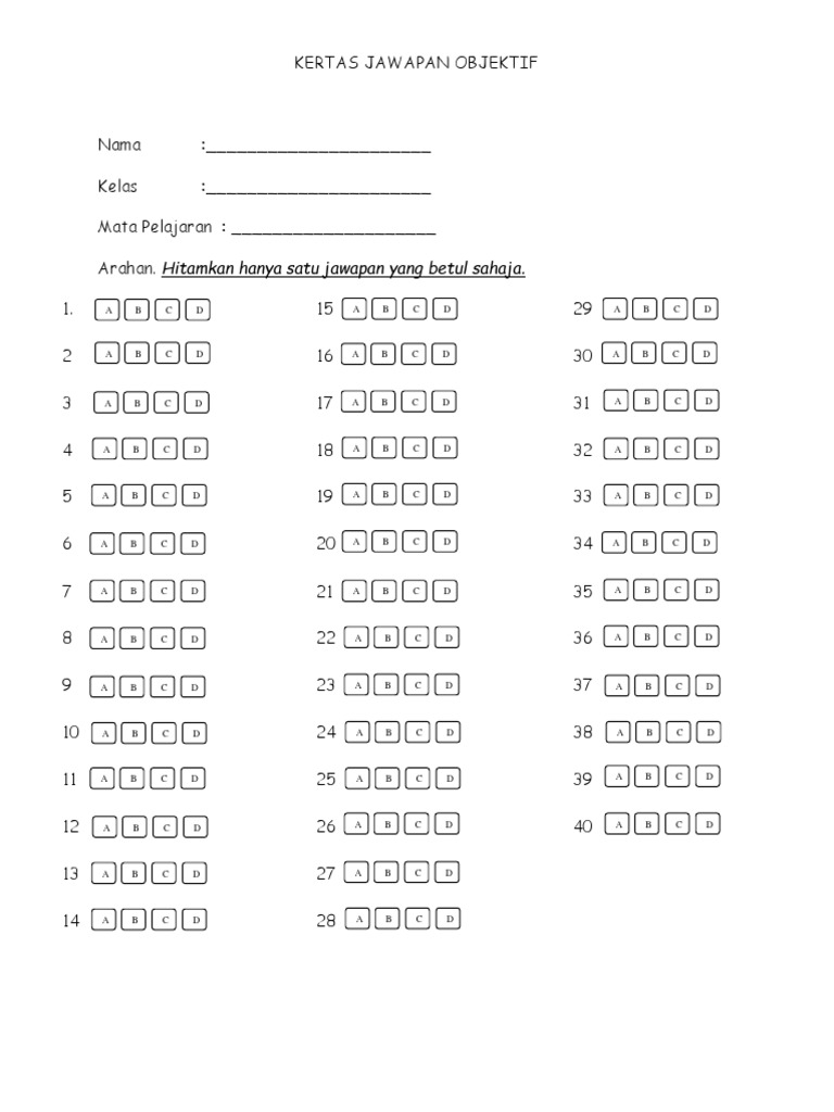 Kertas Jawapan Objektif 40 | PDF