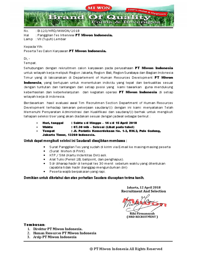 Panggilan Tes Interview PT Miwon Indonesia | PDF | Karier & Perkembangan
