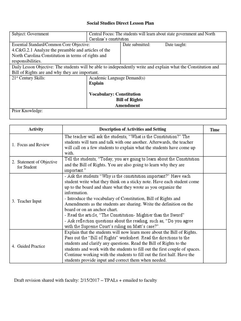 Social Studies Direct Lesson Plan: Explain | PDF | United States Bill ...