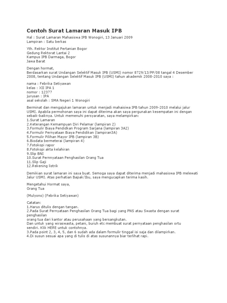 Contoh Surat Lamaran Masuk IPB | PDF | Sains & Matematika