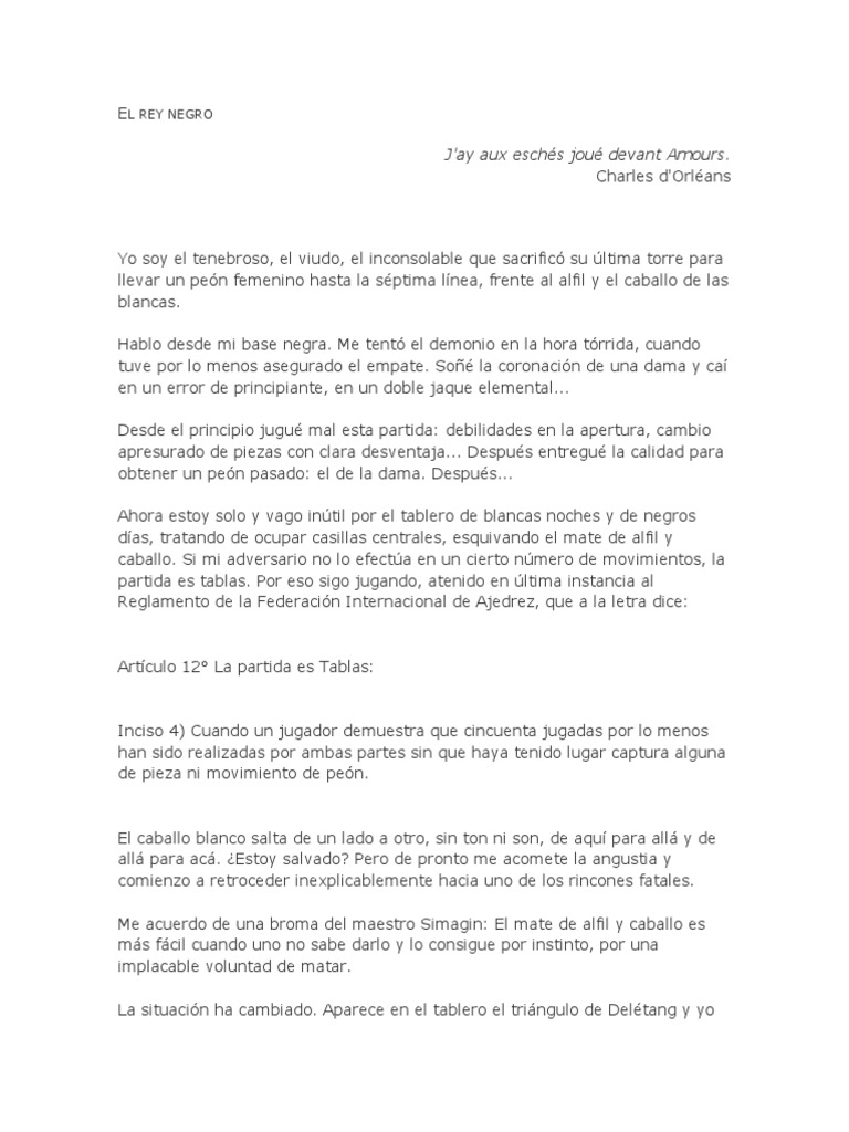 El Rey Negro - Juan José Arreola | PDF | Ajedrez | Juegos de mesa