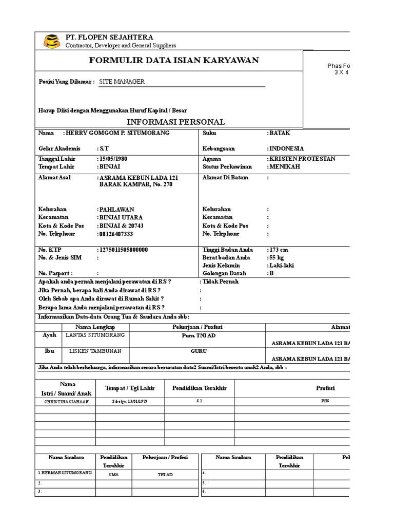 Formulir Data Karyawan Site Manager | PDF