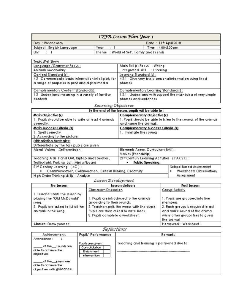 CEFR Lesson Plan Unit 3 | PDF | Lesson Plan | Educational Assessment