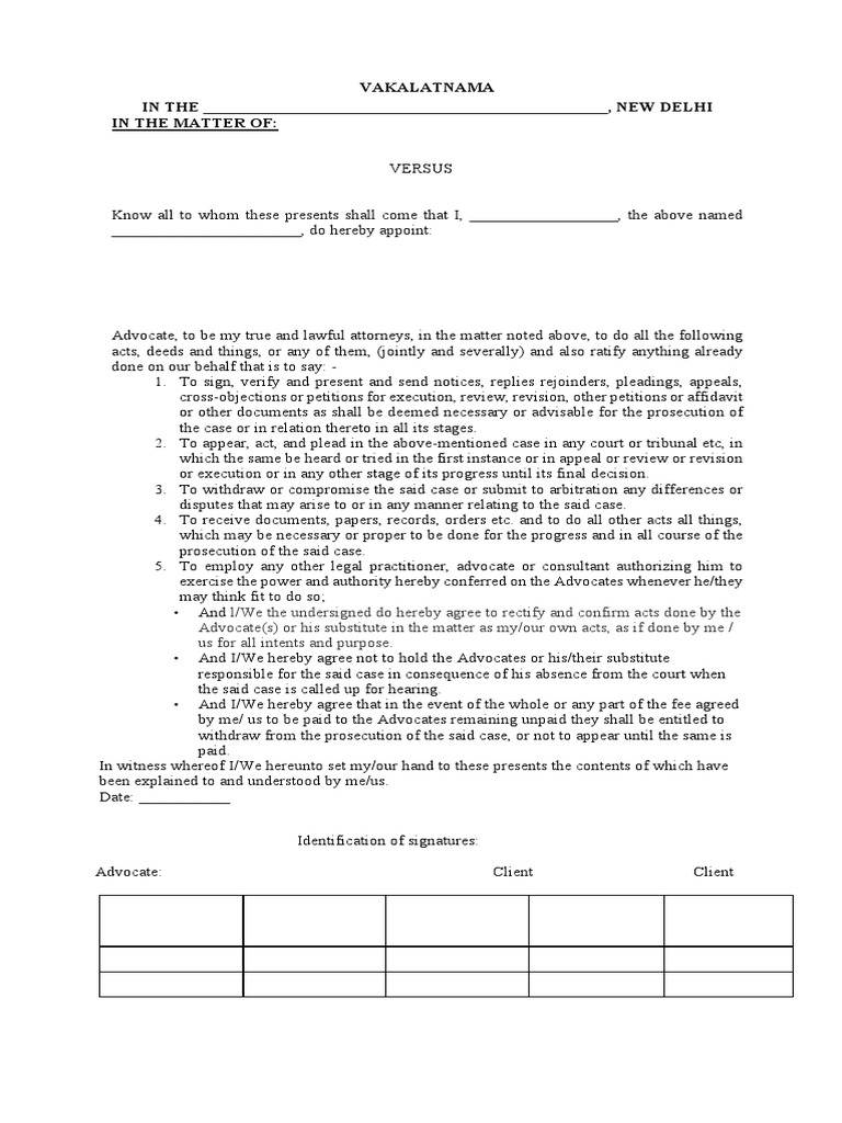 Vakalatnama Blank | PDF | Advocate | Prosecutor