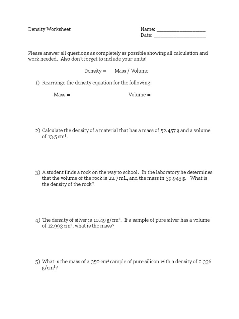 Density Worksheet | PDF
