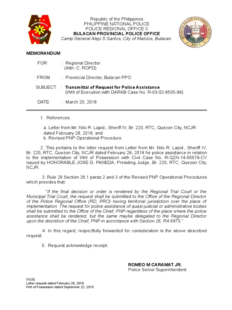 Transmittal of Request For Police Assistance Mr. Nilo R. Lapid | PDF