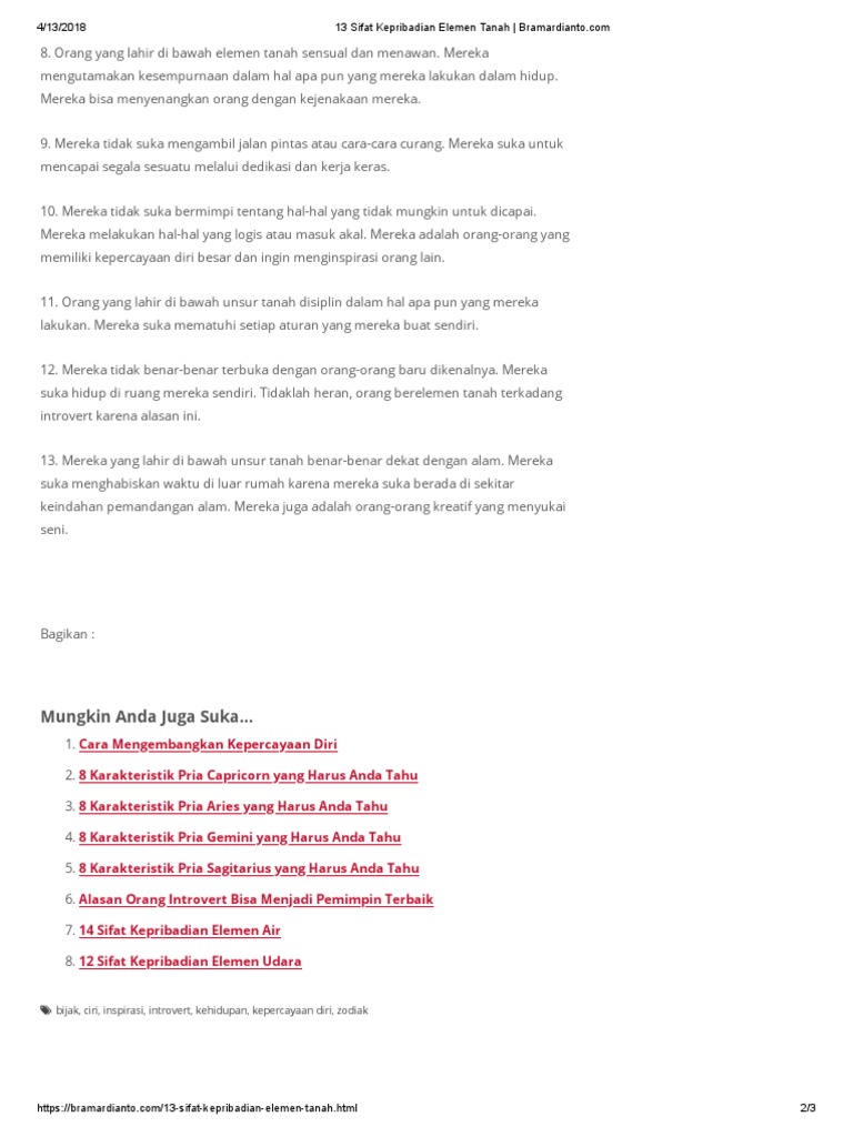 13 Sifat Kepribadian Elemen Tanah | PDF