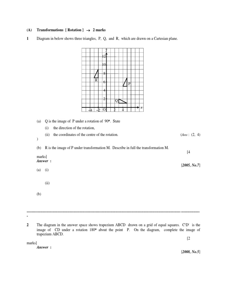 (A) Transformations (Rotation) 2 Marks 1: Answer | PDF
