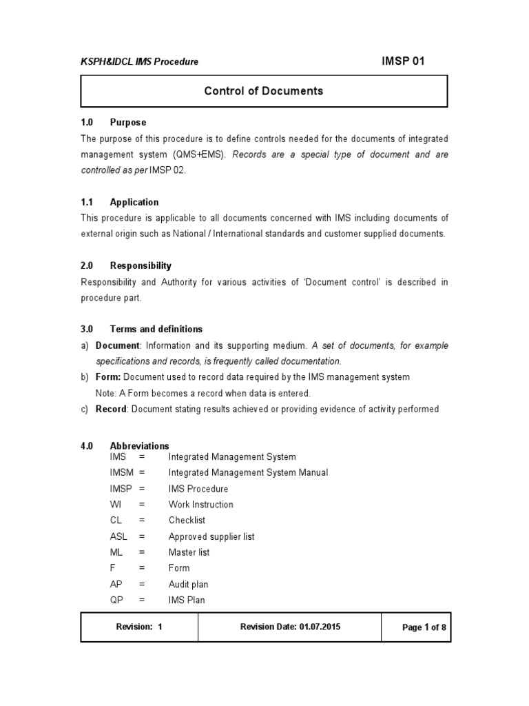 IMS Document Control Procedure | PDF | Websites | Iso 9000