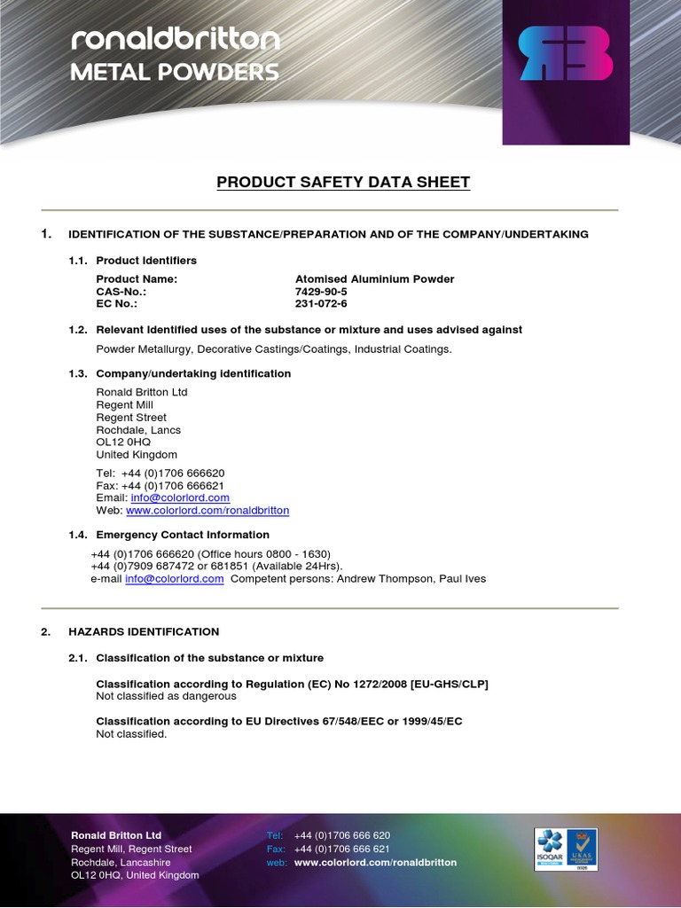 Product Safety Data Sheet: Ronald Britton LTD | PDF | Dangerous Goods ...