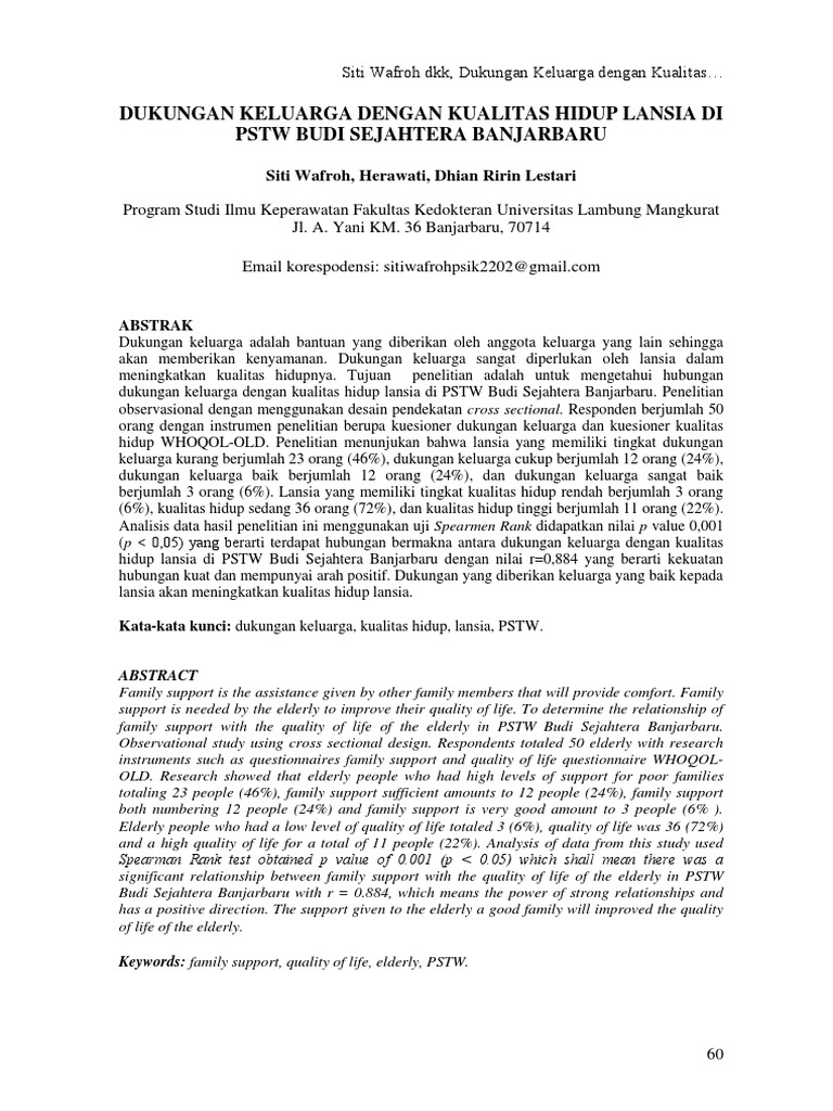 HUBUNGAN DUKUNGAN KELUARGA DENGAN KUALITAS HIDUP LANSIA | PDF
