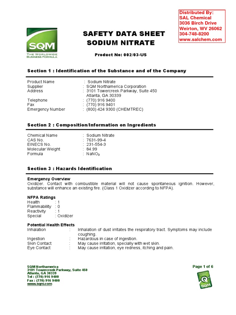 Safety Data Sheet for Sodium Nitrate | PDF | Toxicity | Fires