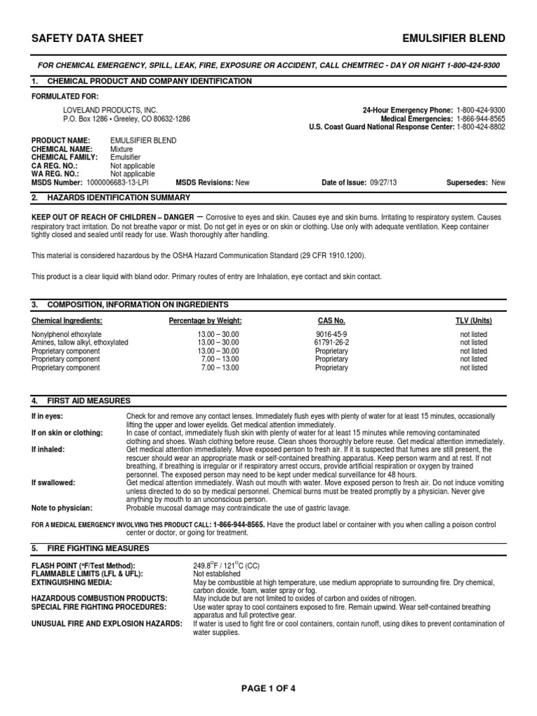 Emulsifier Blend MSDS | Personal Protective Equipment | Combustion