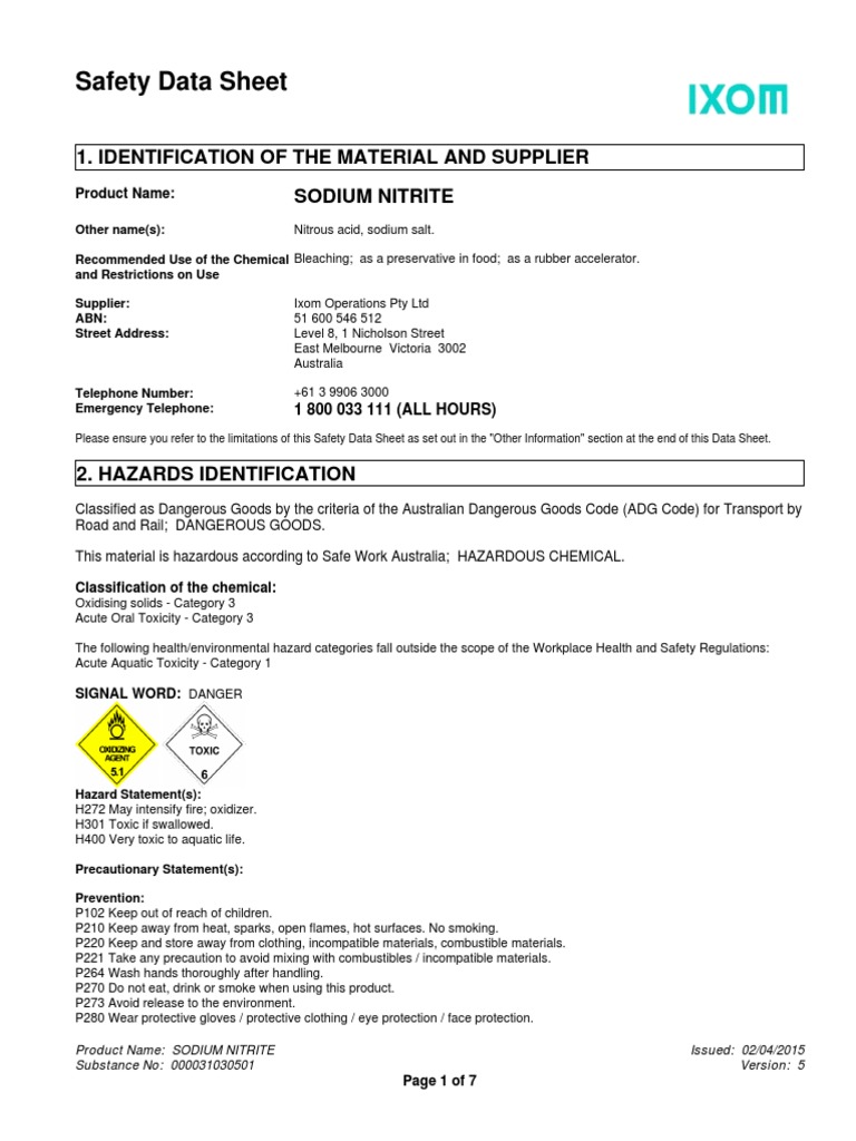 Sodium Nitrite SDS | Dangerous Goods | Toxicity