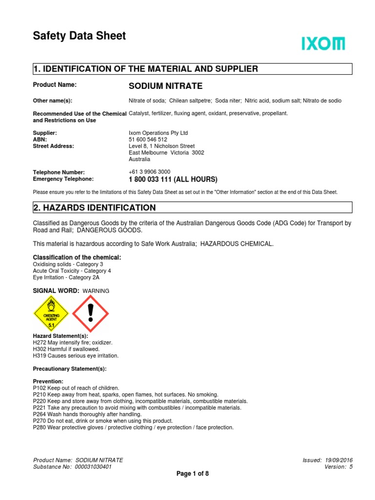 Sodium Nitrate SDS | PDF | Dangerous Goods | Personal Protective Equipment
