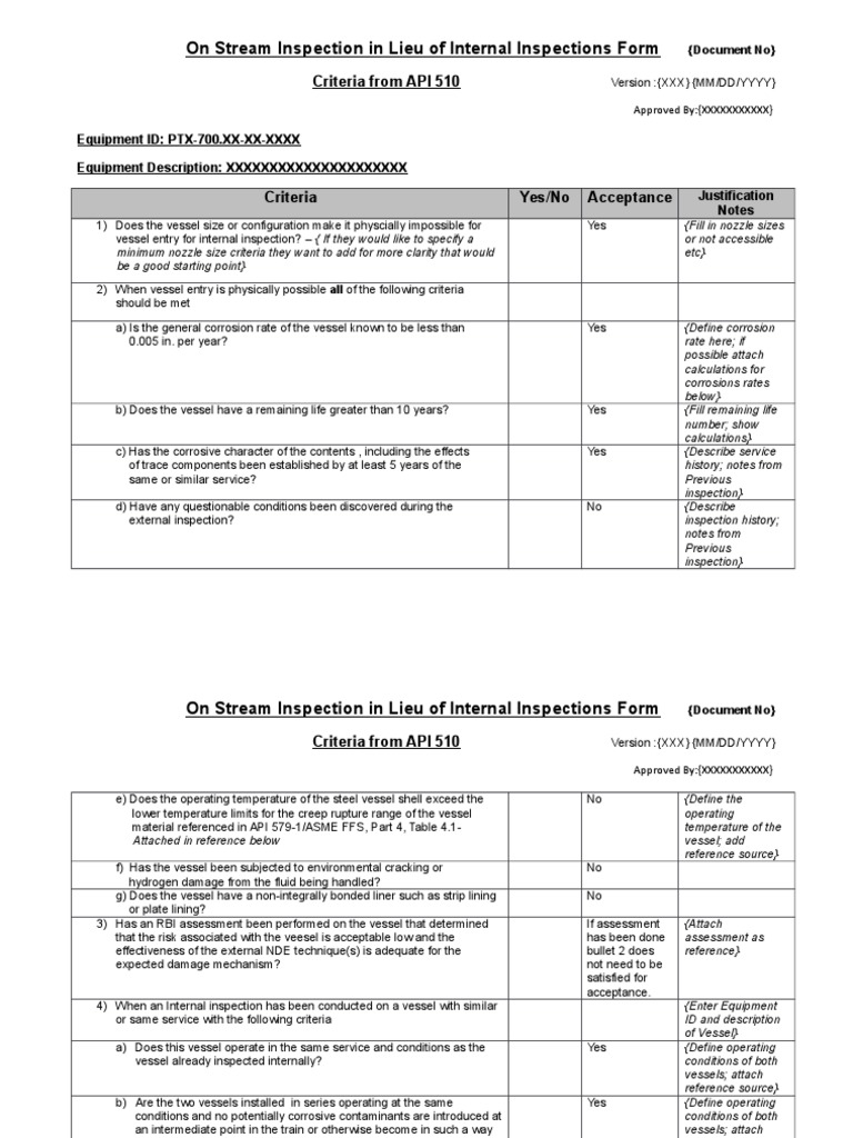 On Stream Inspection in Lieu of Internal Inspections Form | PDF ...