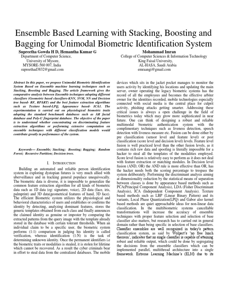 Ensemble Based Learning With Stacking, Boosting and Bagging For Unimodal Biometric ...