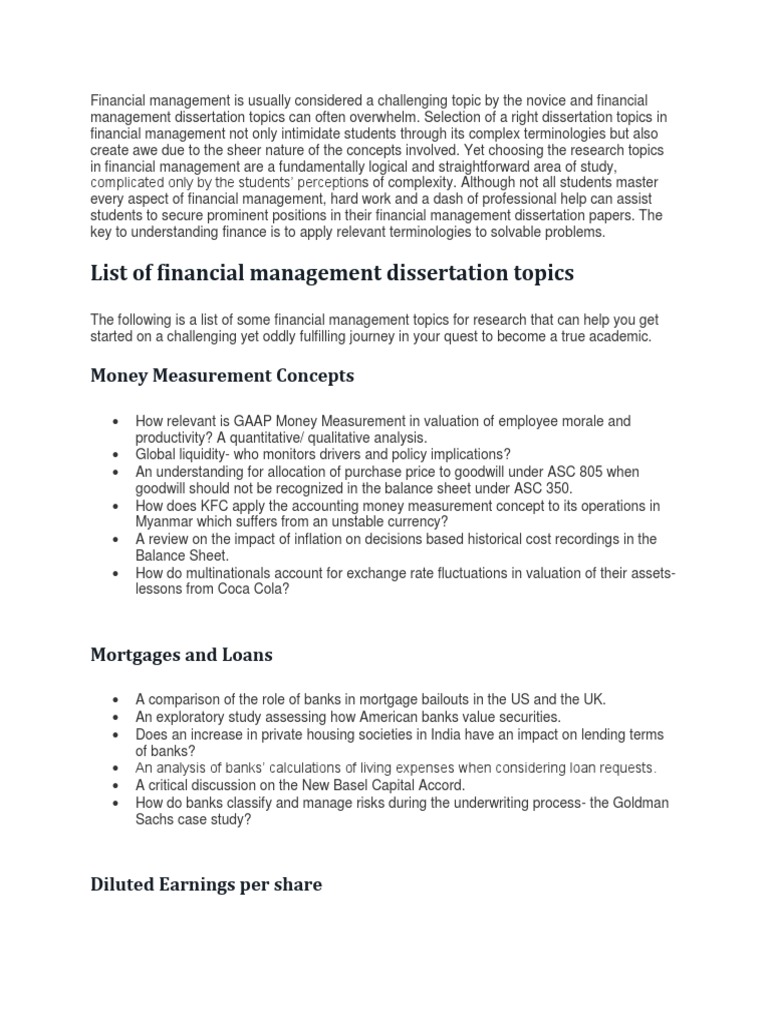 List of Financial Management Dissertation Topics: Money Measurement ...