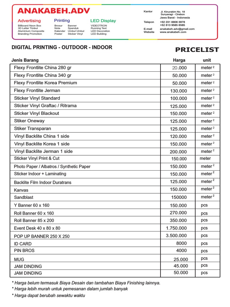 Lampiran Harga Digital Printing | PDF