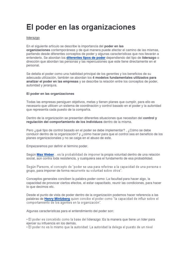 El Poder en Las Organizaciones | PDF | Poder (social y político ...