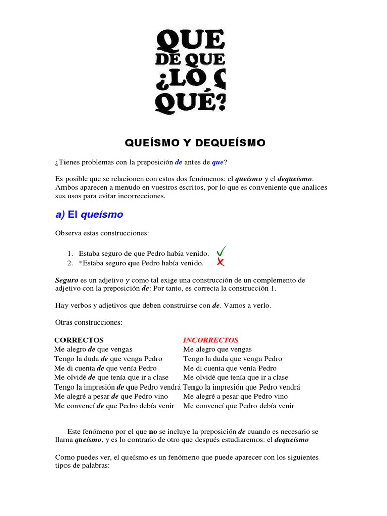 Queísmo y Dequeísmo | PDF | Oración (Lingüística) | Semiótica Queísmo y Dequeísmo | PDF | Oración (Lingüística) | Semiótica