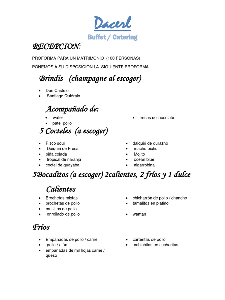 PROFORMA 2018 para 100 Personas | PDF | Cocina europea | Comida ...