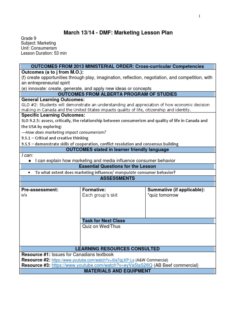 Marketing Lesson Plan | PDF | Consumerism | Classroom
