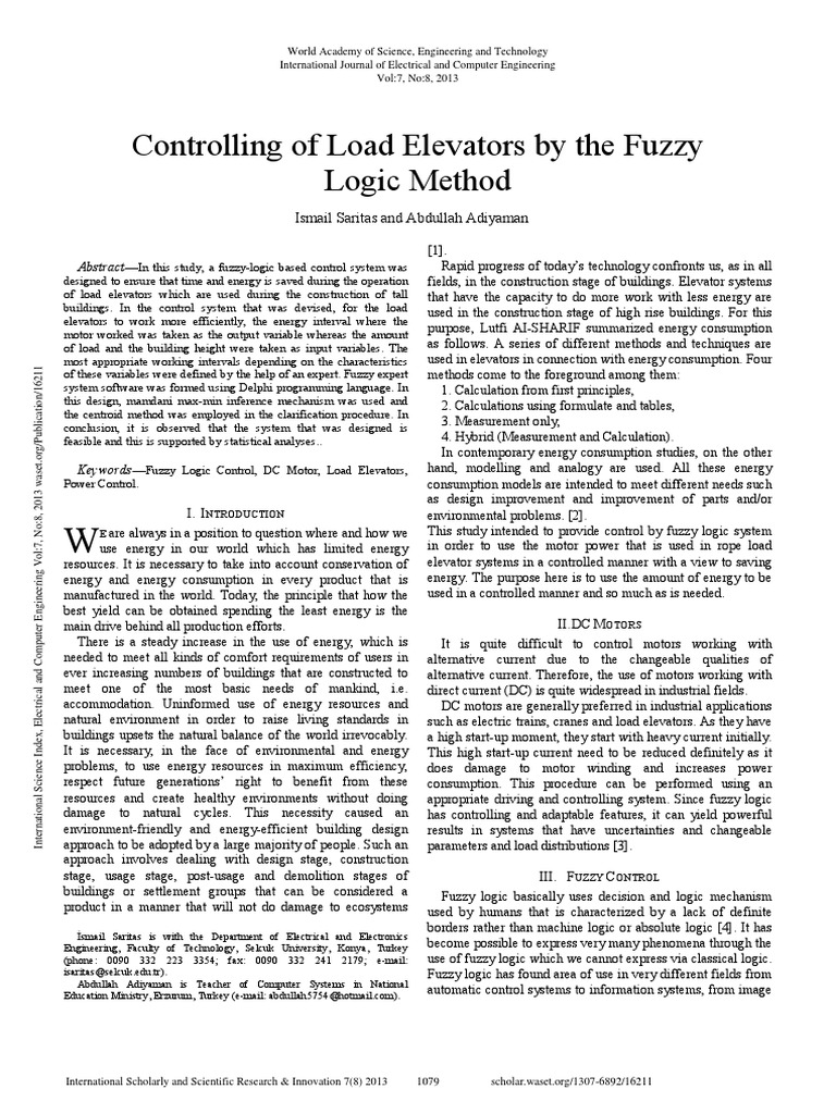 Controlling of Load Elevators by The Fuzzy Logic Method | PDF | Fuzzy Logic | Electric Motor