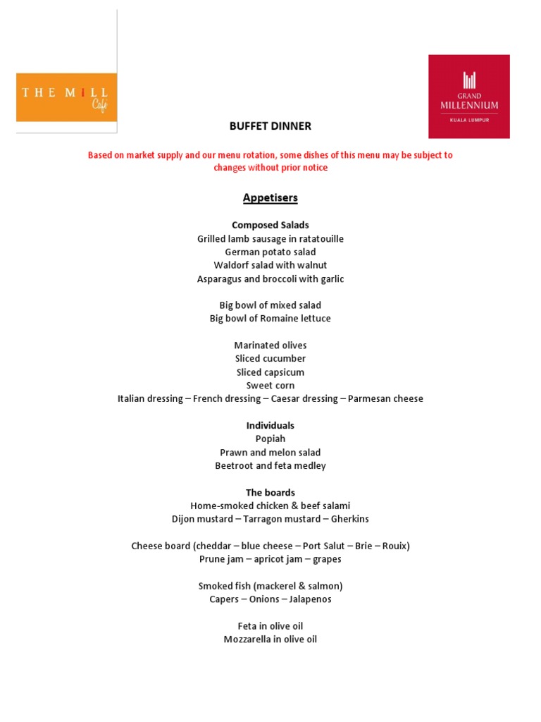 The Mill Buffet Menu | PDF | Salad | Cooking