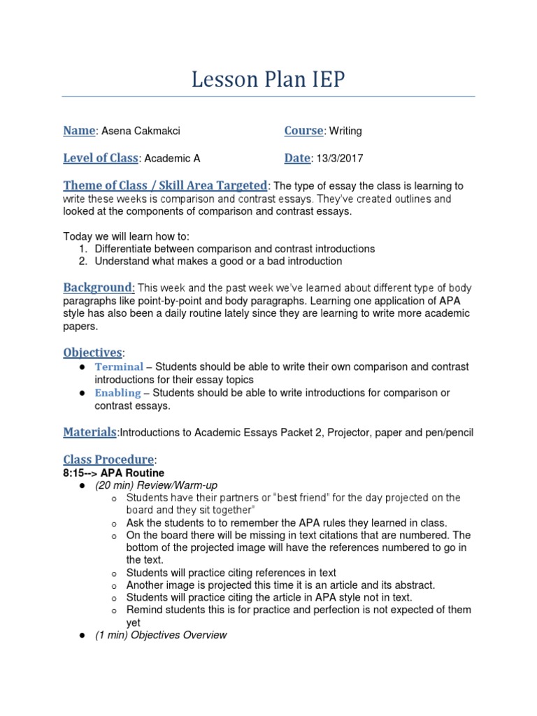 Iep Lesson Plan | PDF | Essays | Lesson Plan