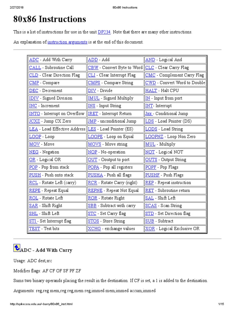 80x86 Instructions: ADC - Add With Carry | PDF | Pointer (Computer Programming) | Office Equipment