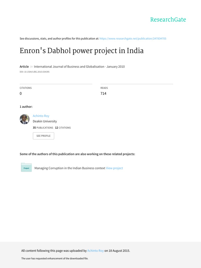 Enron's Dabhol Power Project in India: International Journal of ...