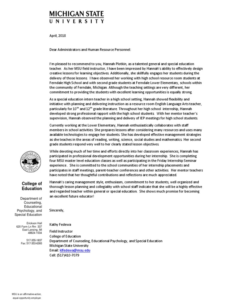 Recommendation for Hannah Plotkin | PDF | Special Education | Teachers