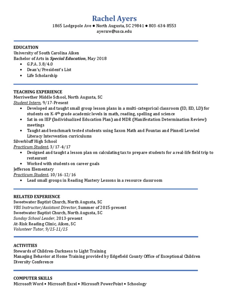 Rachel Ayers Resume 2 | PDF | Individualized Education Program | Schools