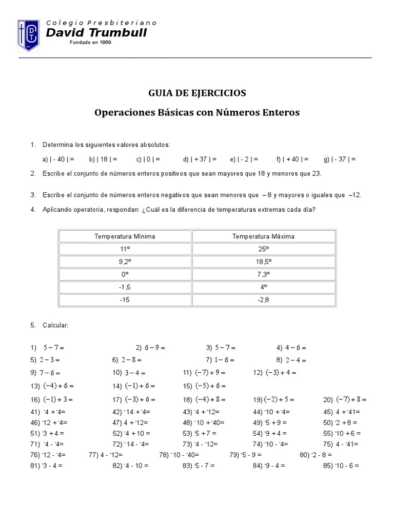Operaciones Basicas Con Numeros Enteros | PDF | Enseñanza de matemática ...