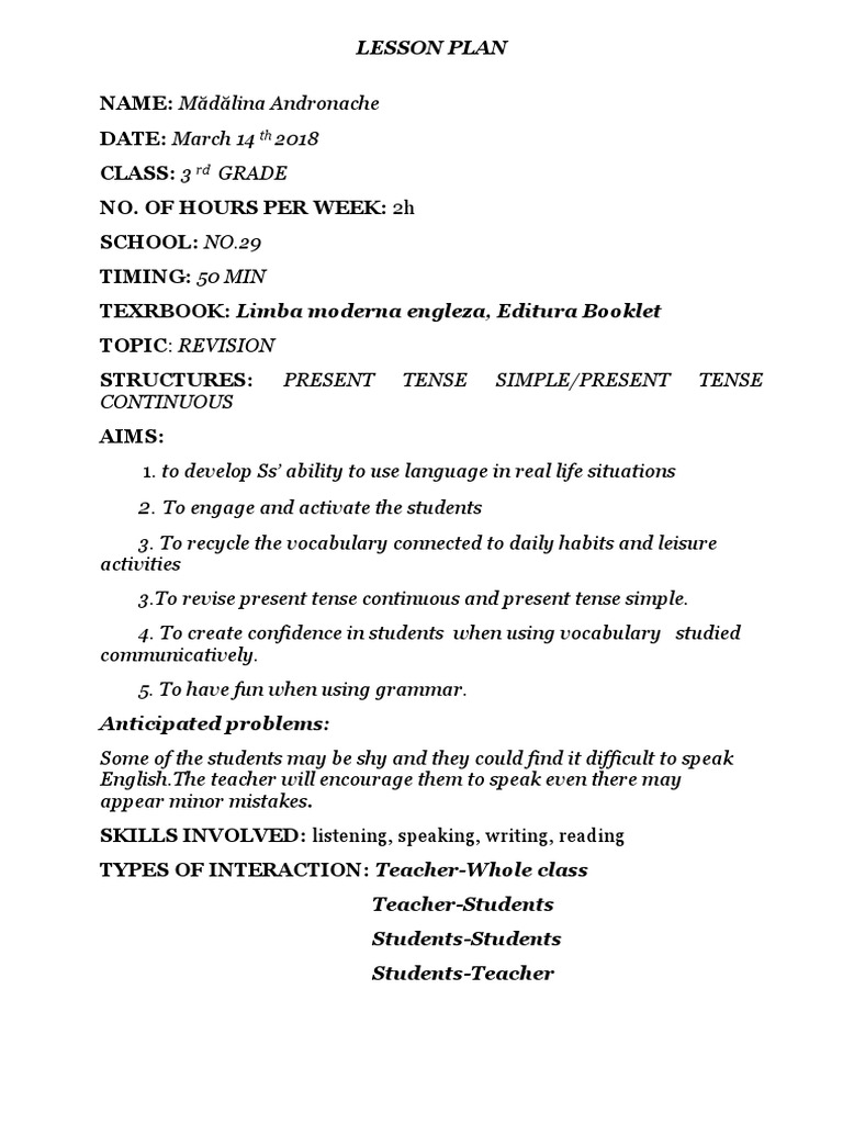 Present Simple Versus Present Continuous Lesson Plan | PDF | Lesson ...