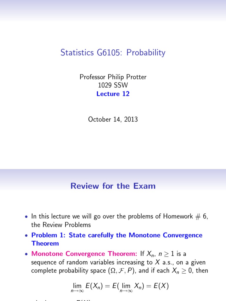 Statistics G6105: Probability: Professor Philip Protter 1029 SSW | PDF | Measure (Mathematics ...
