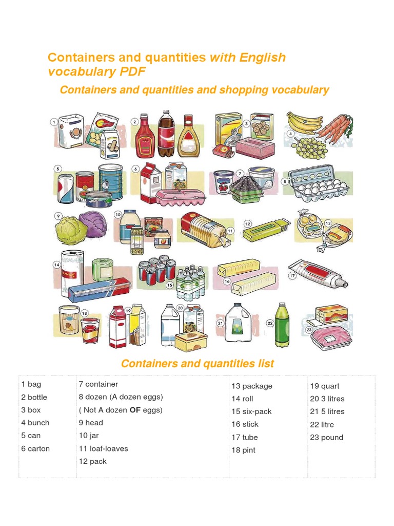 Food Containers and Quantities Vocabulary | PDF