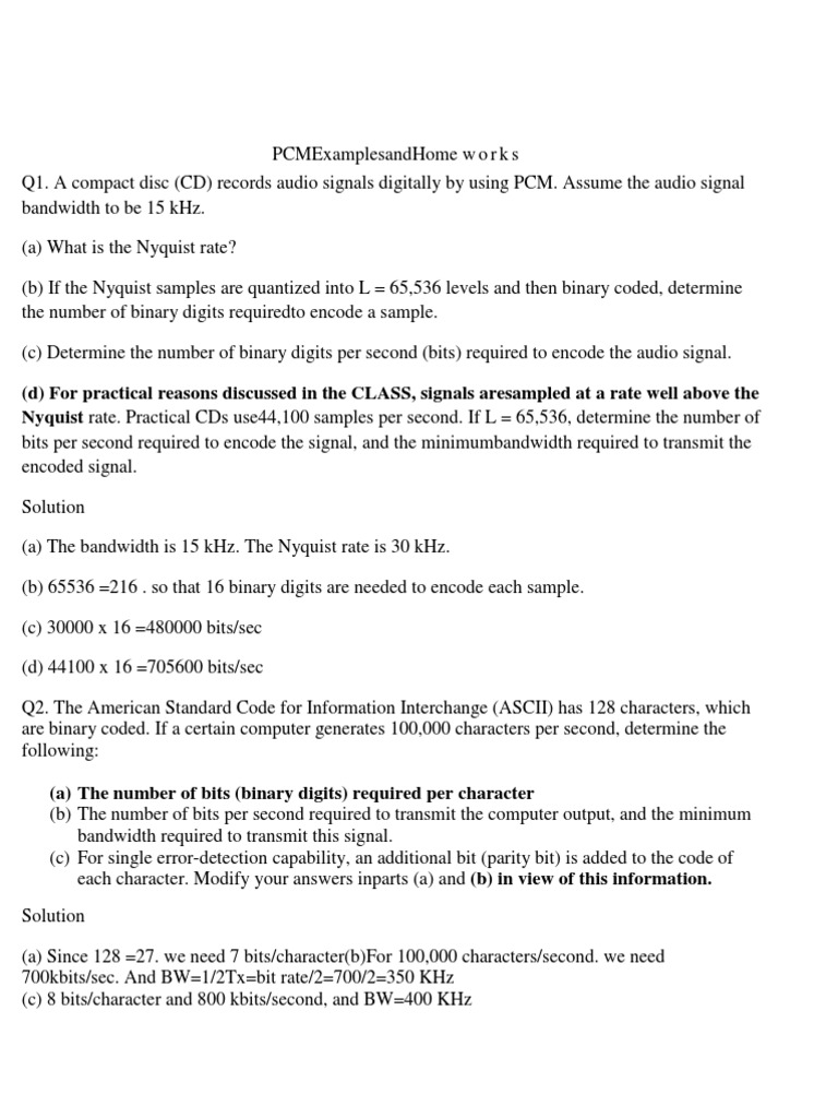 PCM Examples and Home Works 2013 | PDF | Sampling (Signal Processing) | Signal To Noise Ratio