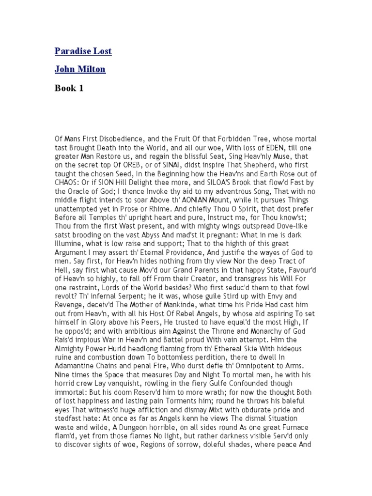 Milton's Paradise Lost: Book 1 Summary | PDF | Religion & Spirituality