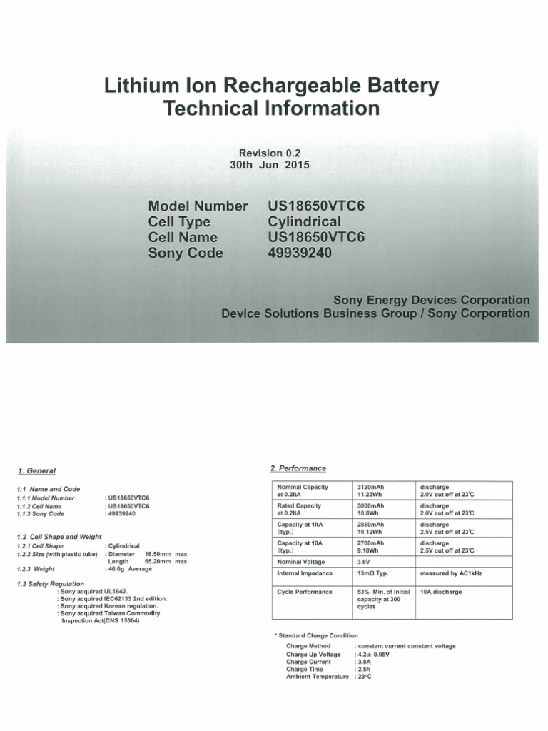 Sony VTC6 Specification Sheet2 | PDF