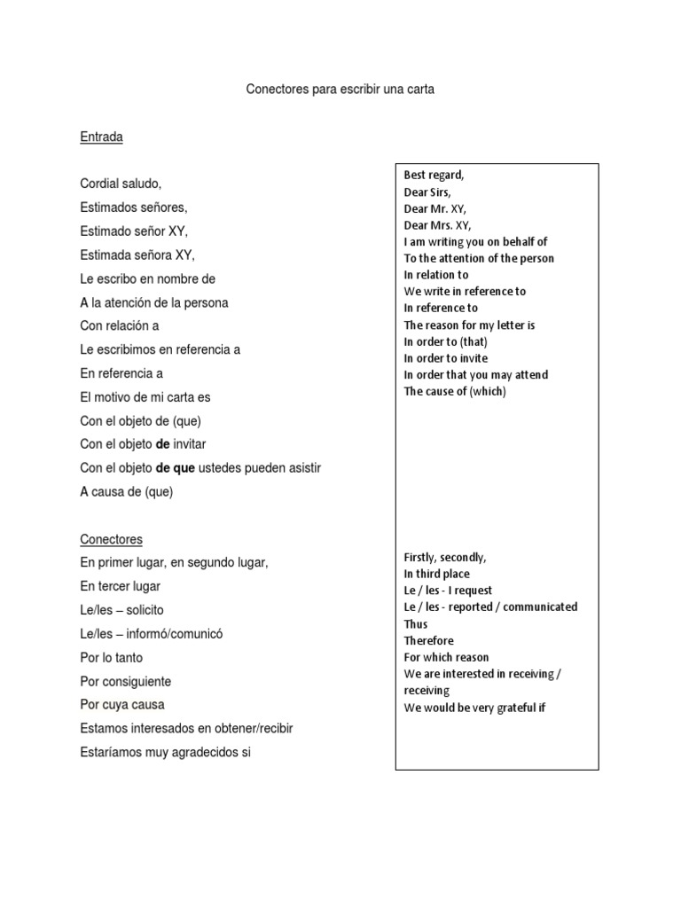 Conectores y expresiones para escribir cartas formales | PDF ...