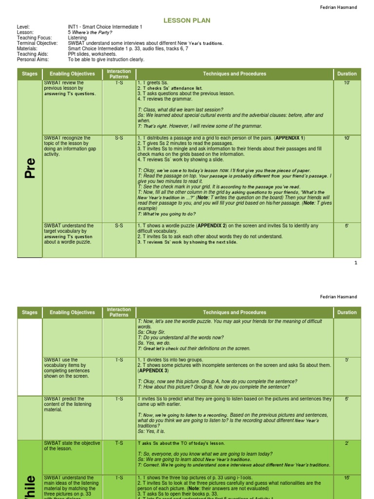 Lesson Plan: Stages Enabling Objectives Interaction Patterns Techniques ...