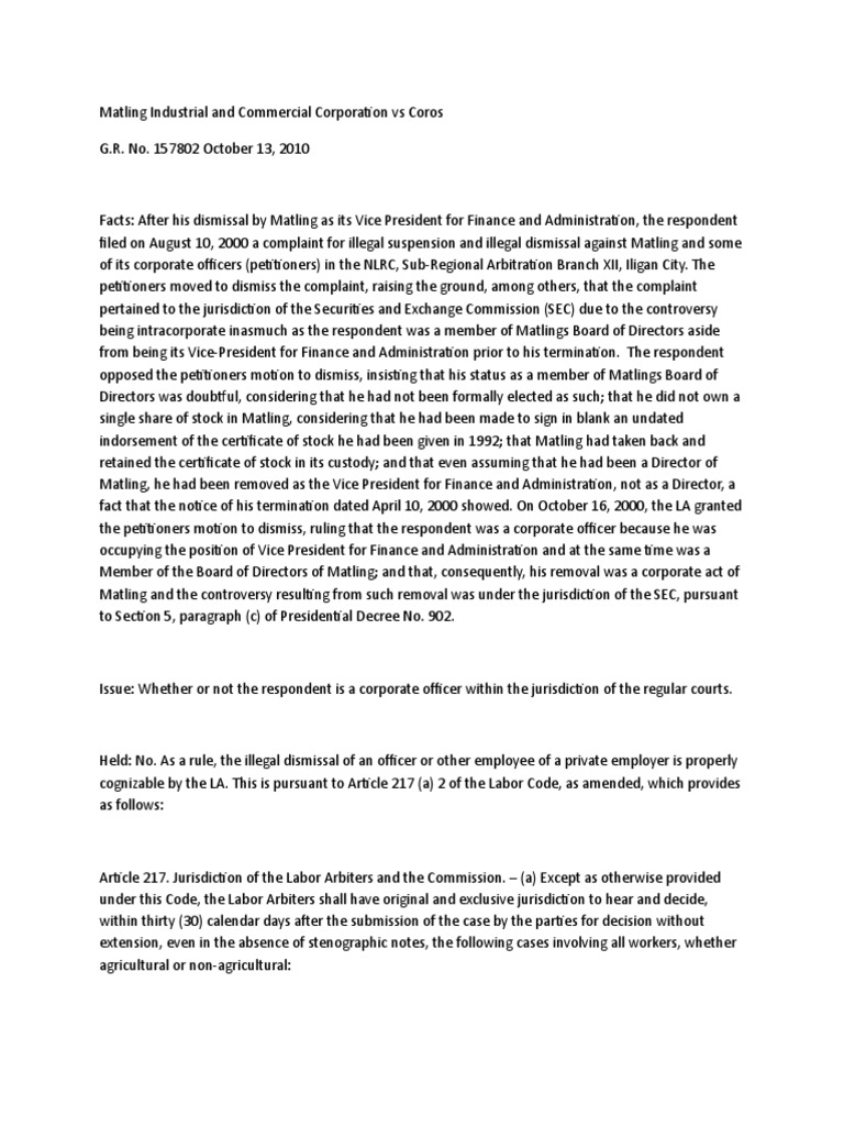 Matling Industrial Vs Coros-Digest | PDF | Board Of Directors ...