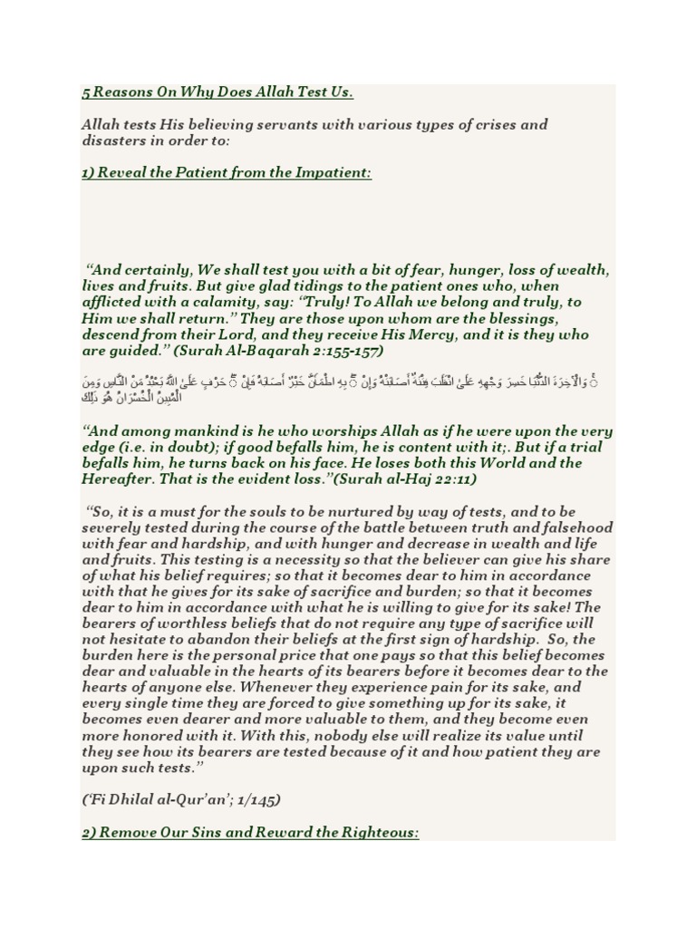 5 Reasons On Why Does Allah Test Us | PDF | Prophets And Messengers In ...
