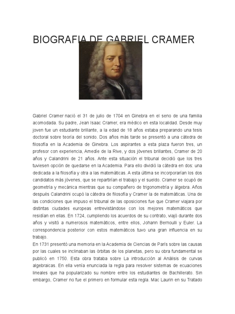 Biografia de Gabriel Cramer | PDF | Determinante | Enseñanza de matemática